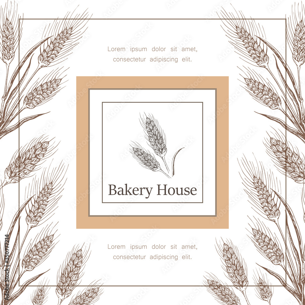 Bakery, pastry shop label, logo, flyer template with wheat ears frame ...
