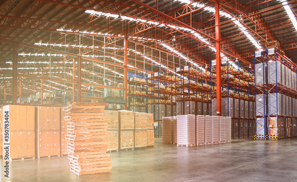 Pallets of cargo stack in distribution warehouse with high rack shelf ...