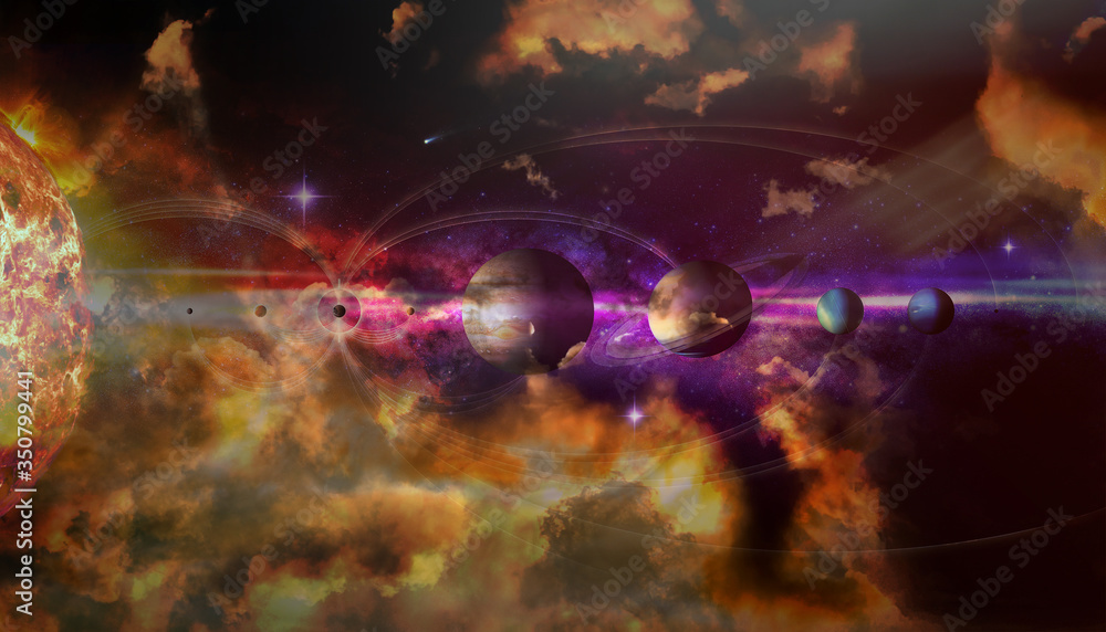 Colorful solar system with nine planets and satellites. Astronomy ...