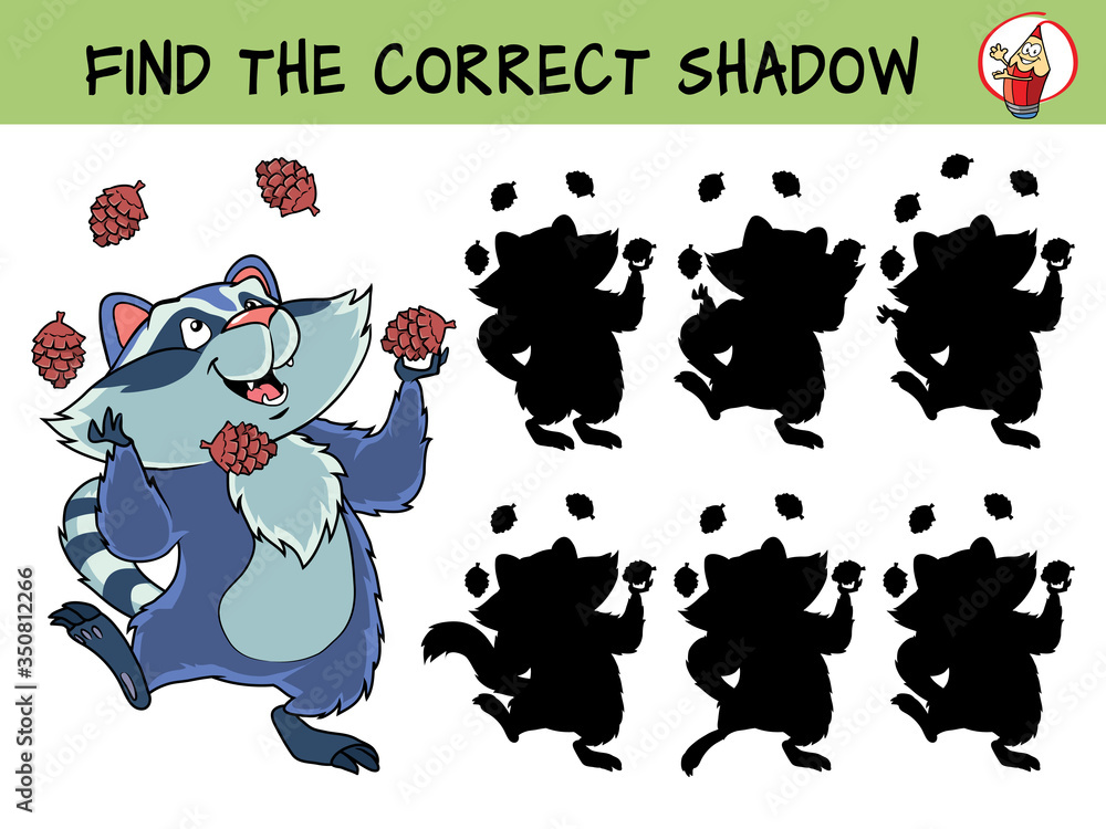 Funny raccoon juggling cones. Find the correct shadow. Educational ...