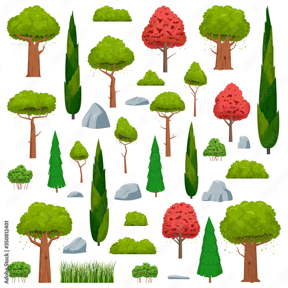 Cartoon trees set. Trees, bushes, grass and stones. Vector illustration ...