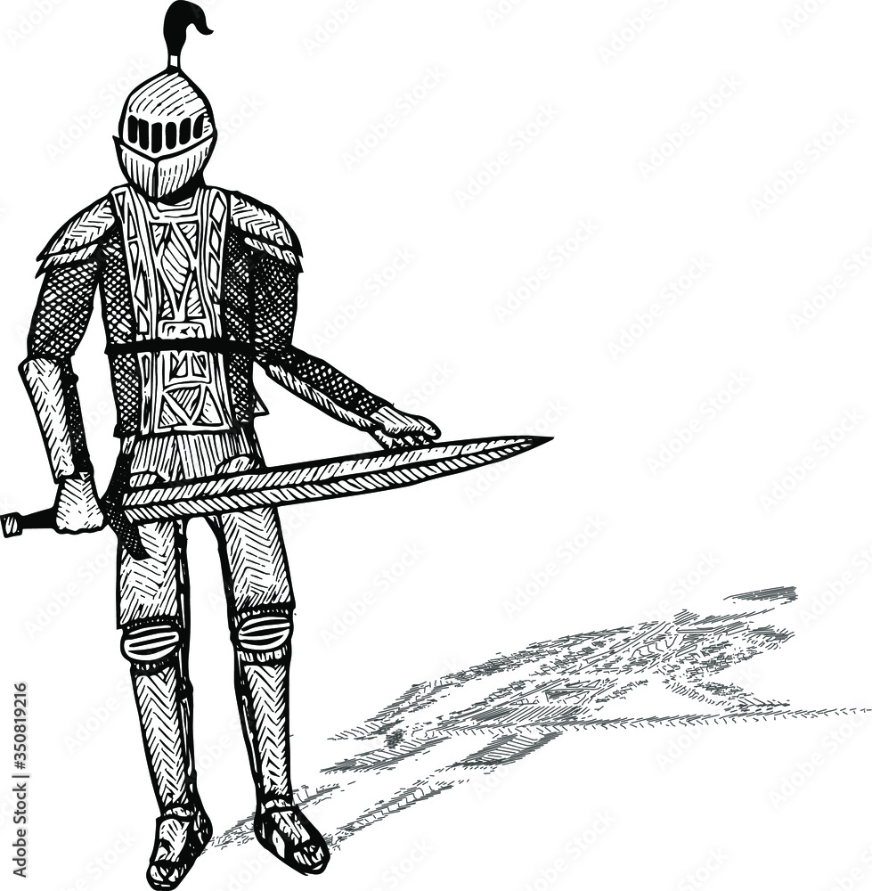 drawn ink knight standing with a sword. Engraving black and white ...