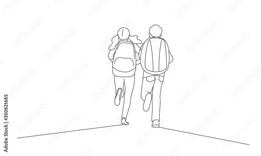 Boy and girl with backpack run to school. Rear View. Line drawing ...