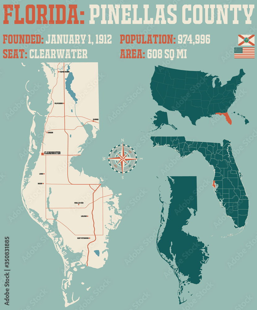 Large and detailed map of Pinellas county in Florida, USA. Stock Vector ...