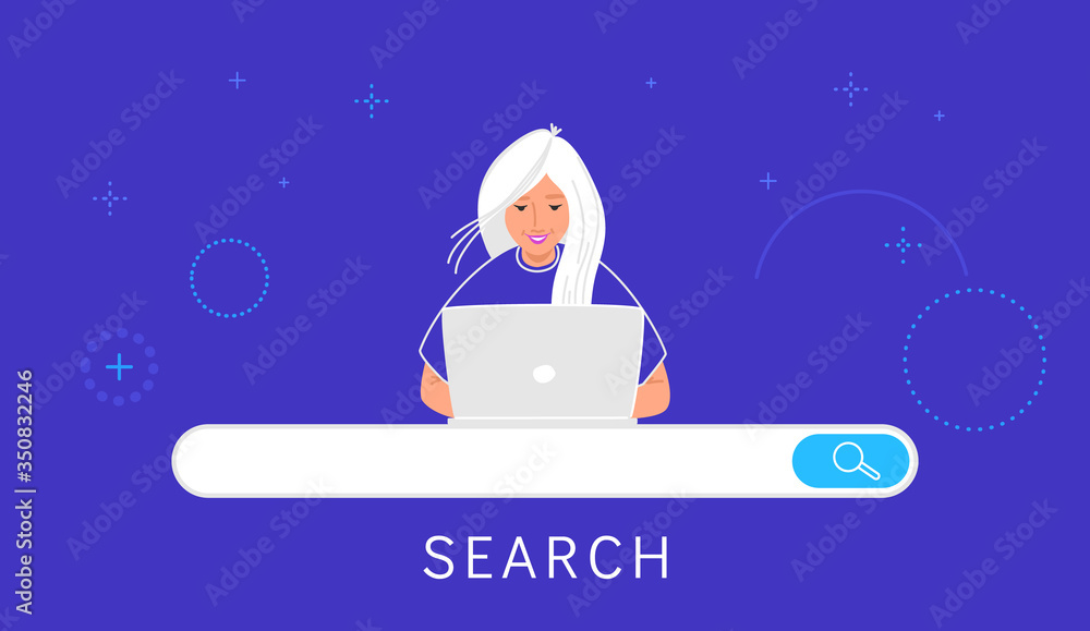 Information searching online with laptop. Flat line vector illustration ...
