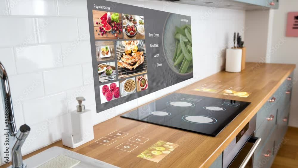 technology, future and smart home concept - modern kitchen with virtual ...