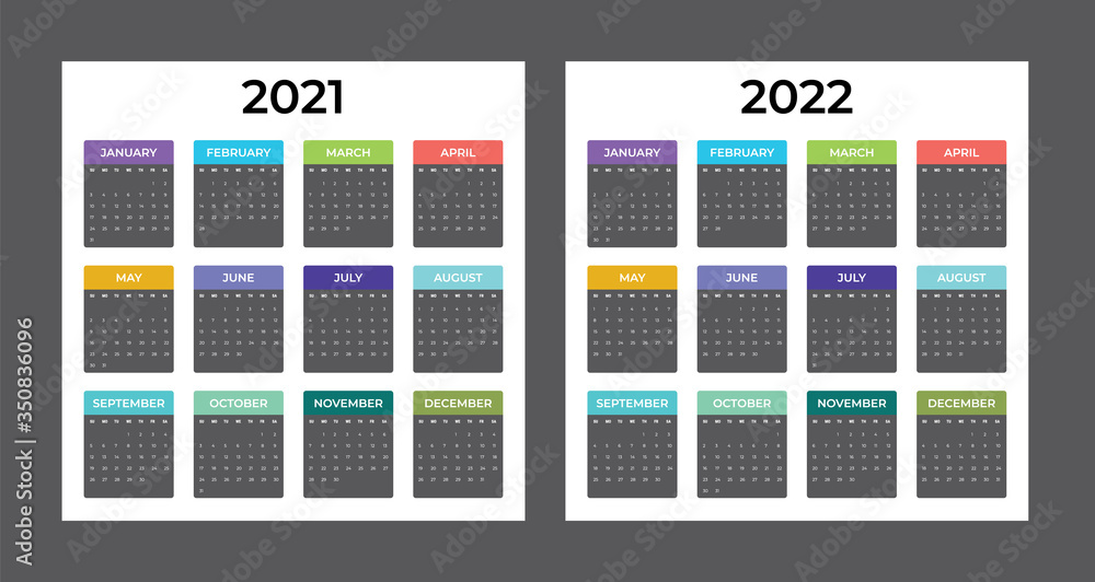 2021-2022 Calendar - illustration. Template. Mock up. Colorful vector ...