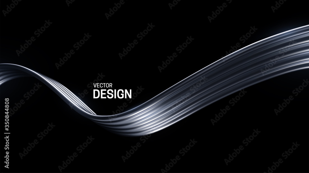 Abstract silver wave isolated on black background. Vector 3d illustration. Metallic wires ...