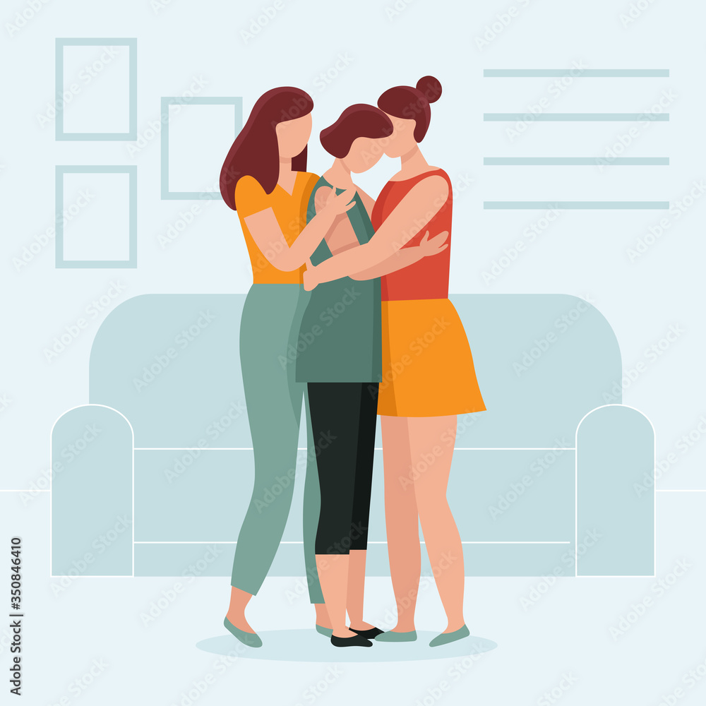 Three women in hugs. Concept of female support. Woman in difficult ...