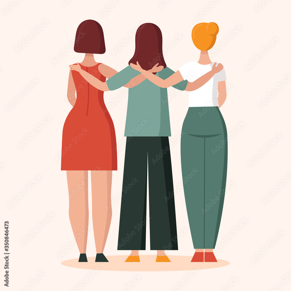 Three women in hugs.View from the back.Concept of female support. Woman ...