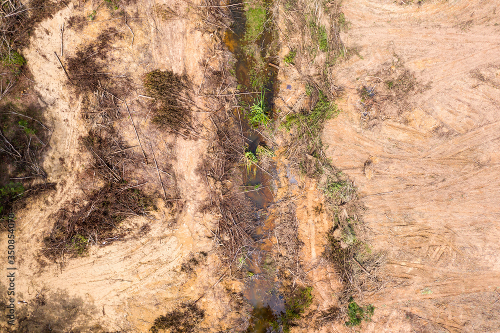 Aerial drone view of logging operatons and active deforestation of a ...