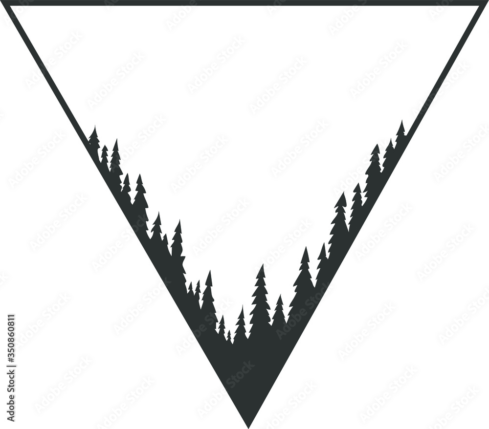 Pine trees inscribed in a triangle. Black and white vector drawing ...