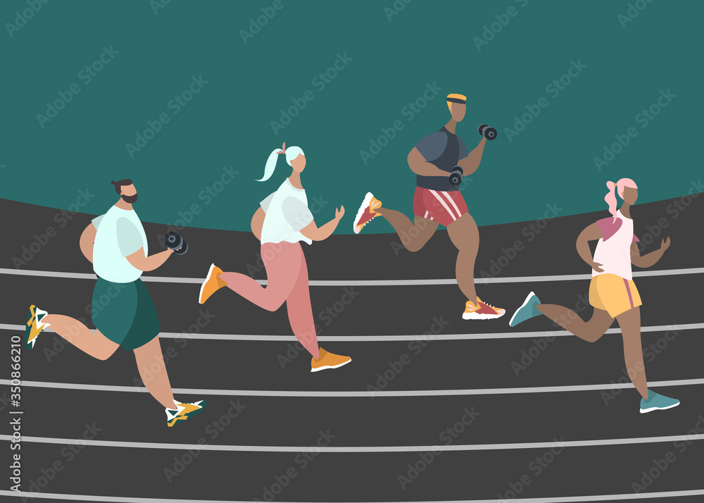 Group of male and female characters running marathon distance in raw ...