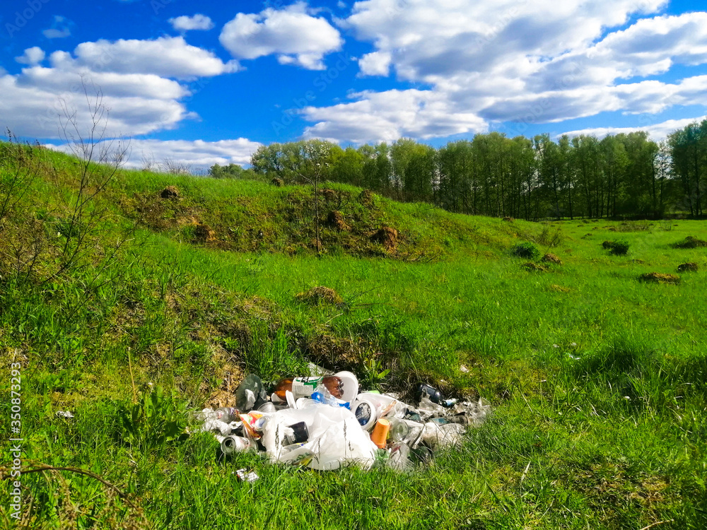 Beautiful nature and a lot of garbage. Trash heap. Environmental ...
