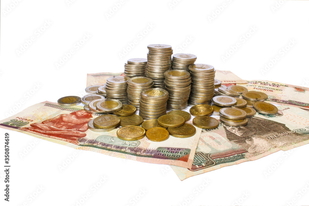 Egyptian money pounds and piastres. Paper notes and metal coins of ...