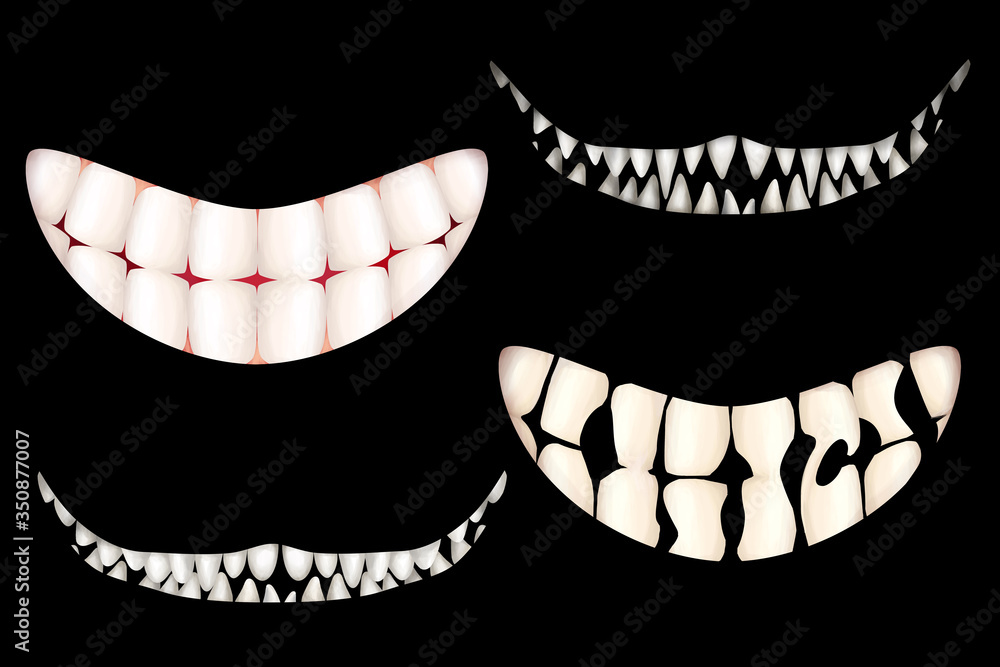 Mad wide smiles set with many teeth on black background. Protect- mask ...