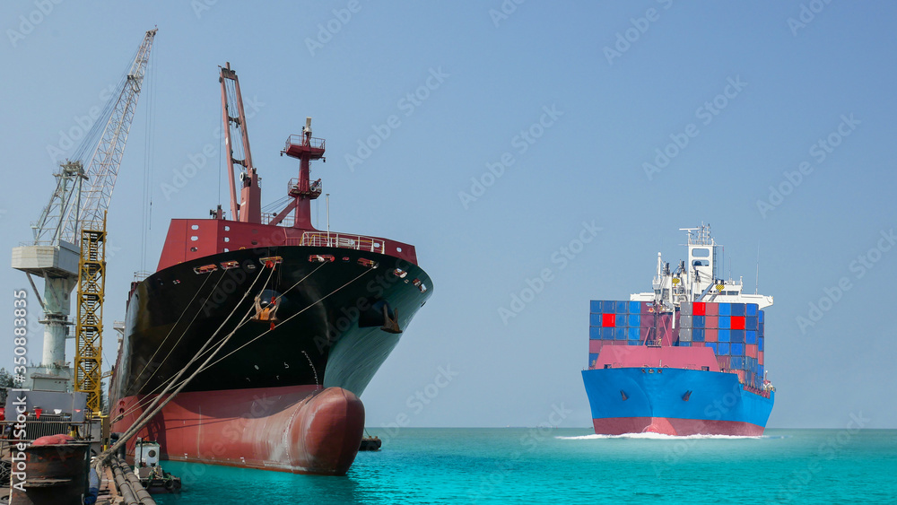 Container ship in port at container terminal, ship of container ships ...