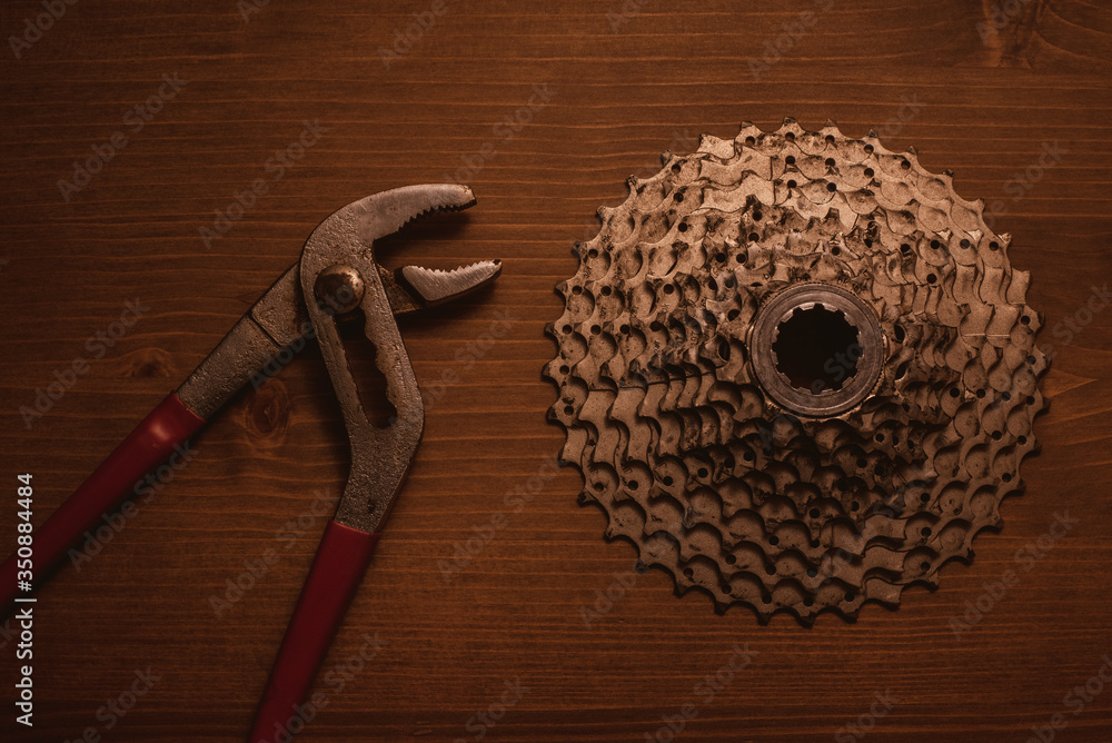 Vintage old tools in mechanical workshop wooden backdrop top view with ...
