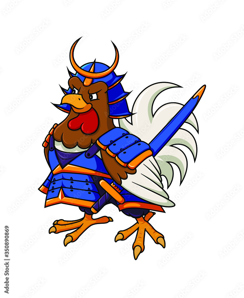 Samurai Chicken or Rooster in blue armor of japanese warrior and with ...