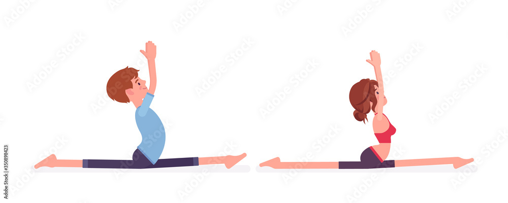 Young yogi man, woman in sport wear practicing yoga, partners doing ...