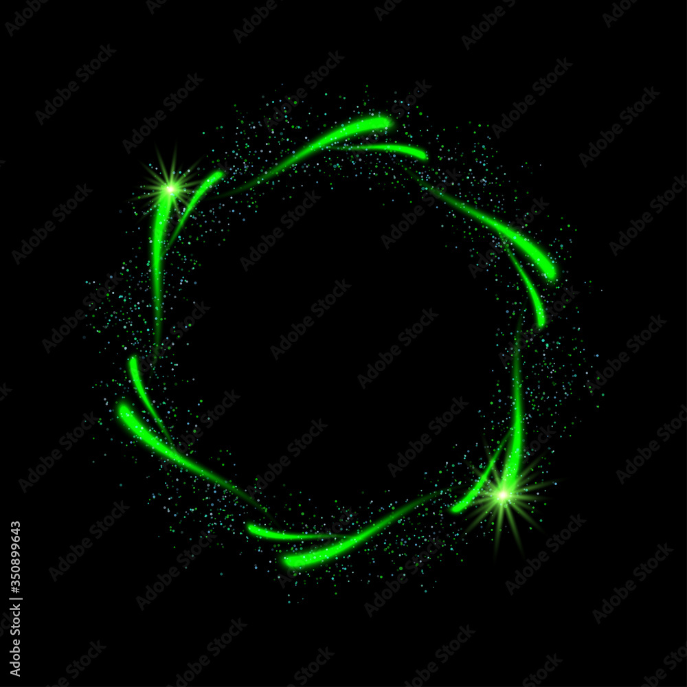 Green abstract neon round shape on black background. Glowing futuristic ...