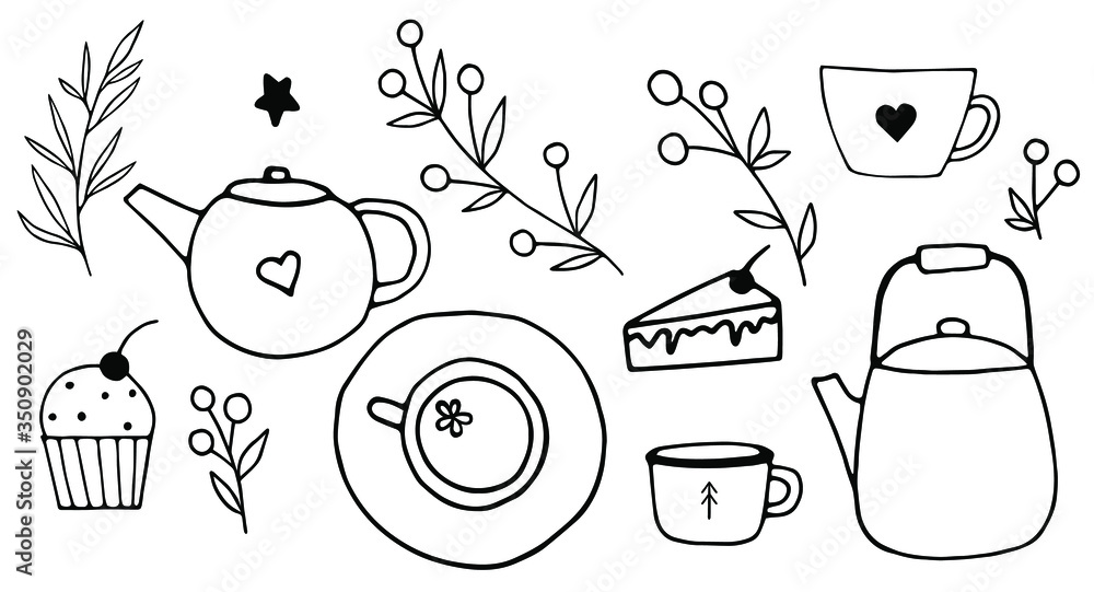 Set of hand drawn doodle tea time elements. Teapots, cups, candies ...
