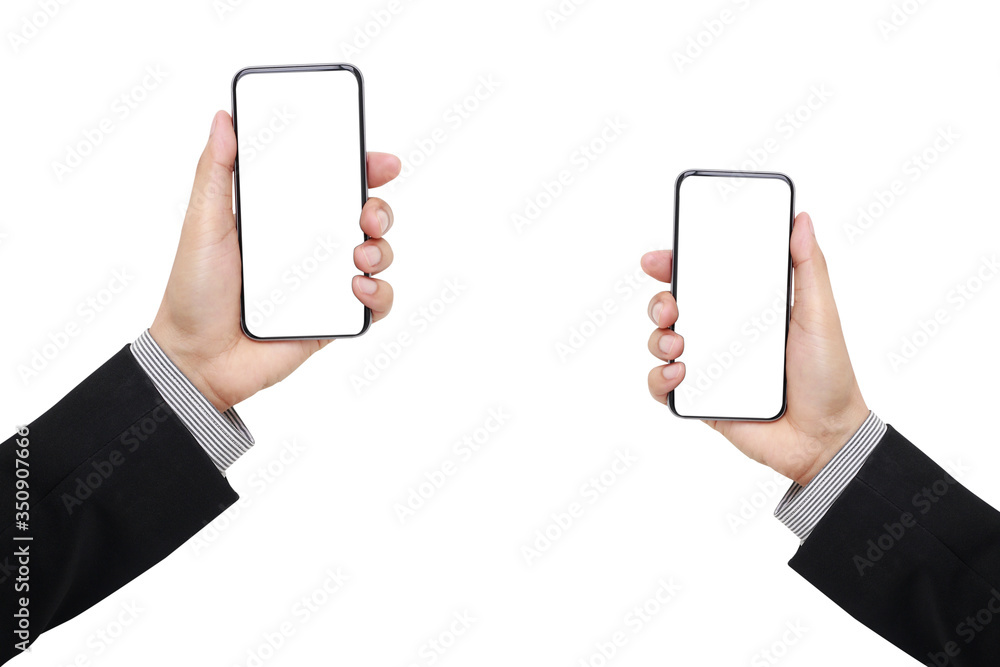 Woman hand holding and showing blank smartphone screen on isolated ...