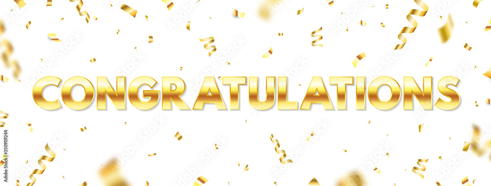 Congratulations long banner with golden text and falling confetti ...