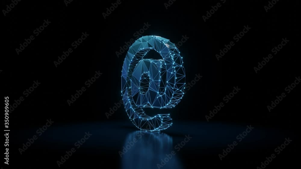 3d rendering seamless loop 4k rotation wireframe neon glowing symbol of at sign with shining ...