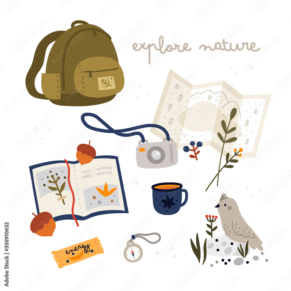Explore nature set. Travel bundle. Backpack, photo camera, diary ...