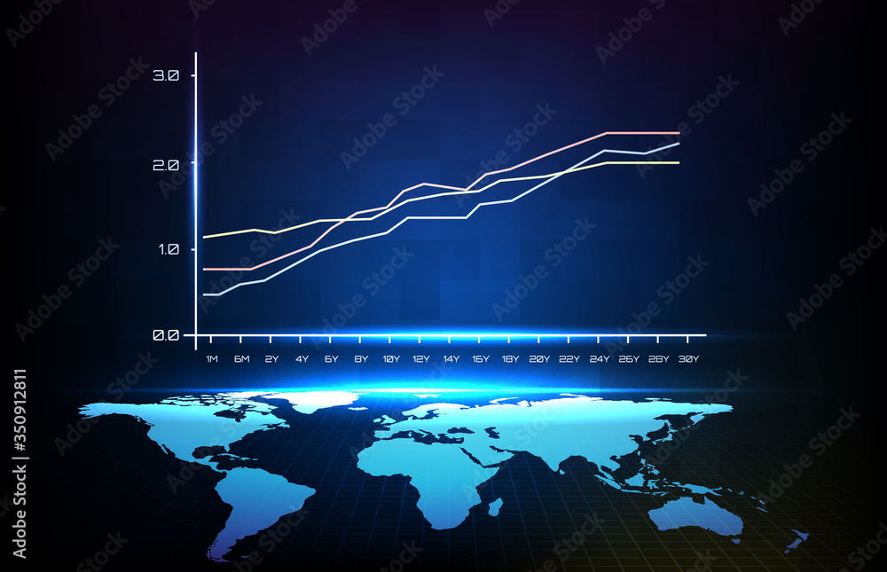 Abstract background of blue average every 6 month graph and world map ...