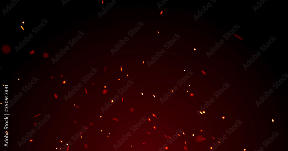 Fire sparks and red flame sparkles, red light glitter, particles on ...