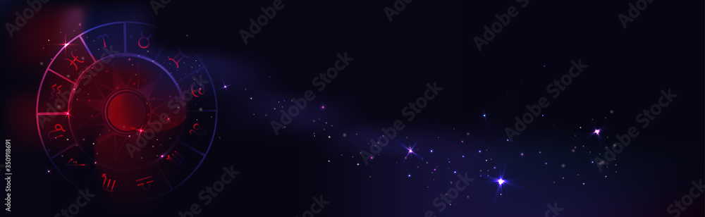 Vector night sky background with astrological circle and zodiac signs ...