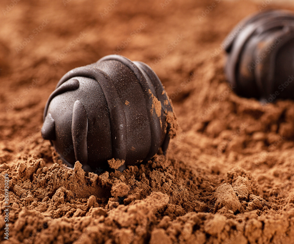 Chocolate candies without sugar are lying amont cocoa. Raw vegan ...