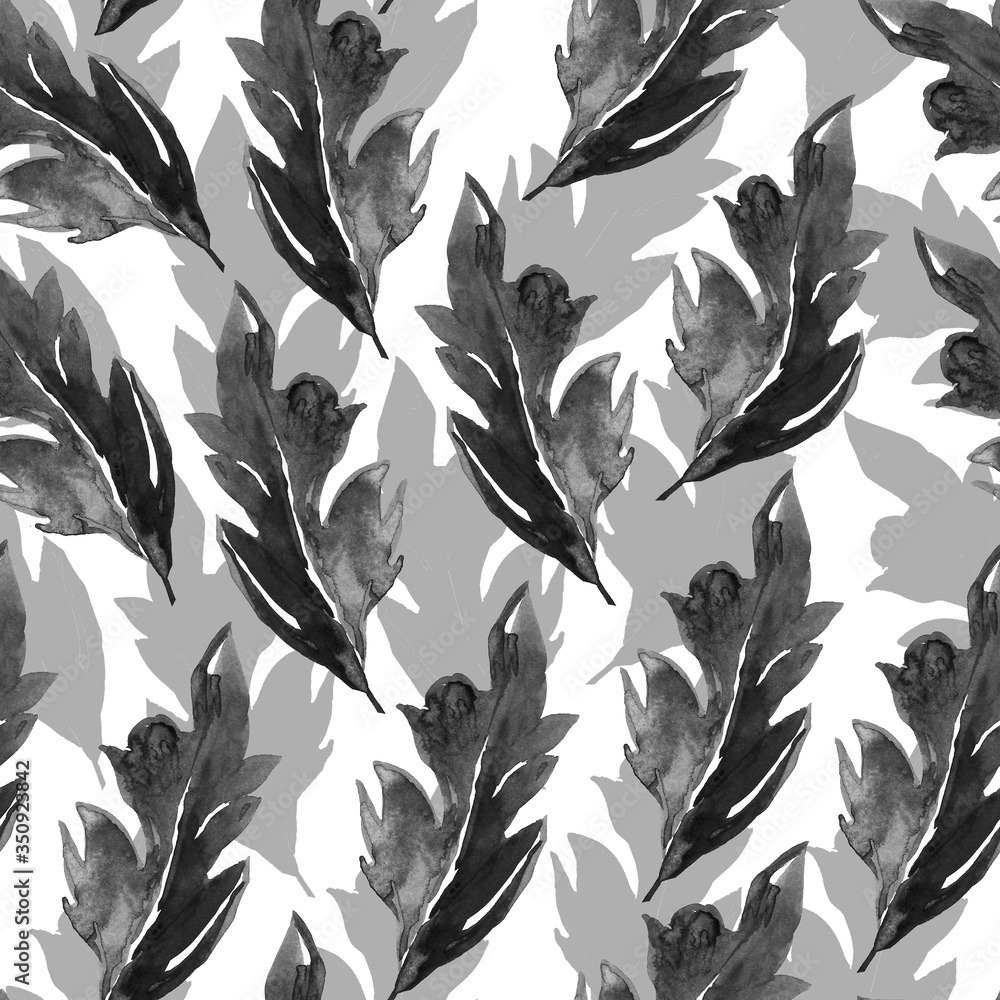 Monochrome watercolor seamless pattern with halftones leaves drawn by ...