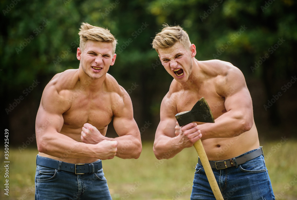 Handsome brothers. Strong men nature background. Group muscular men ...