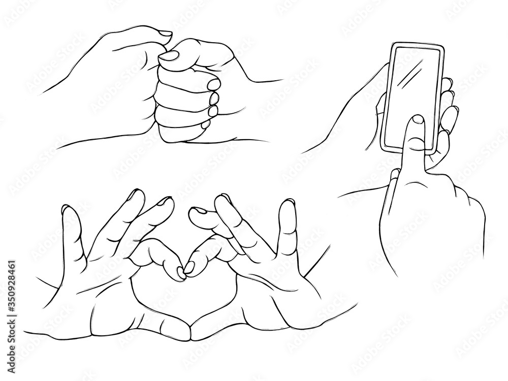 Set of illustrated male hand gestures for fist punch, heart sign and ...