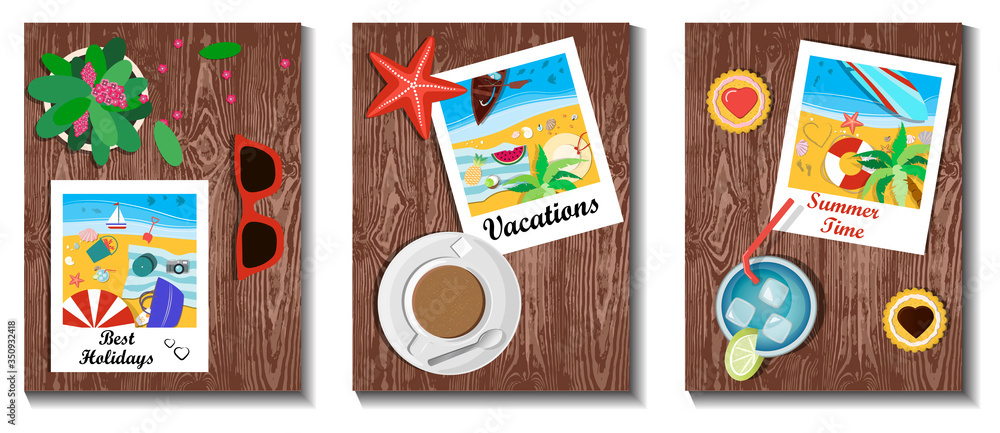 Table with photos from a vacation at the sea. Remembering and planning ...