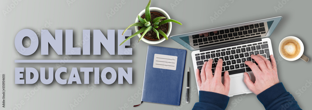 e-learning and online education concept, top view of person using ...