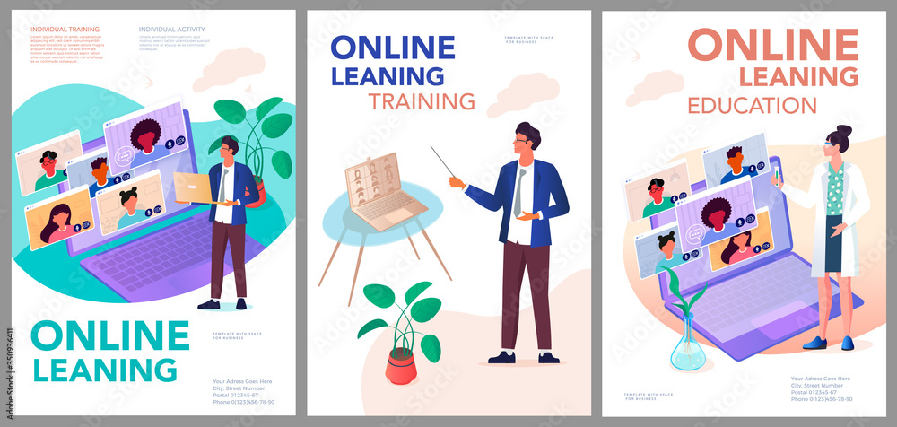 Set of vector posters - online training, video conferences, work from ...