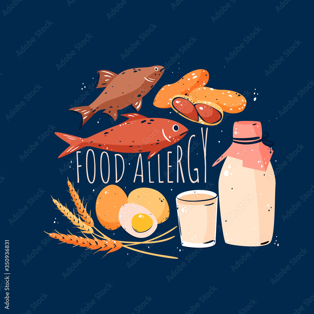 Allergic reactions on food cartoon vector illustration. Allergens: fish ...