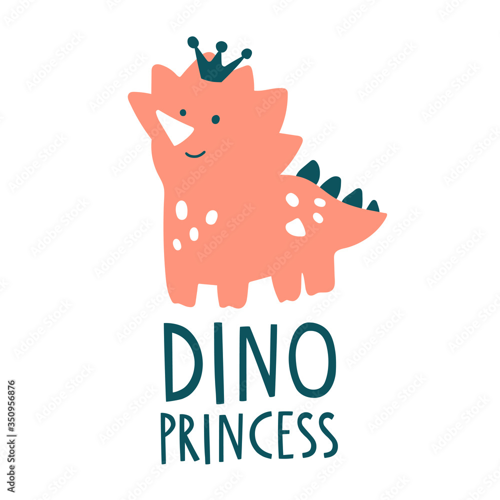 Cute pink dinosaur vector illustration with text lettering "Dino ...