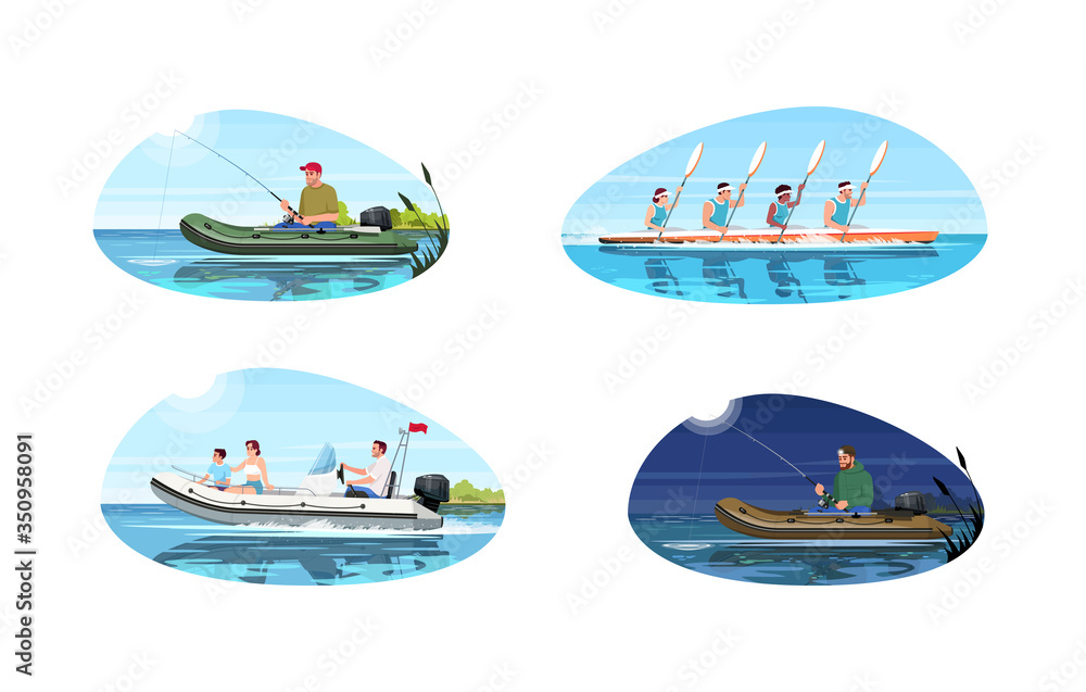 Boat types for activity semi flat vector illustration set. Teamwork for ...