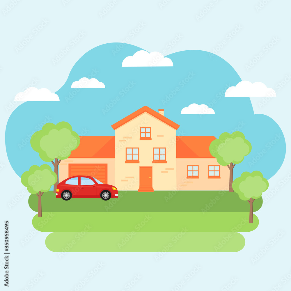 This is a facade of the house is with a garage and a car. Cartoon ...
