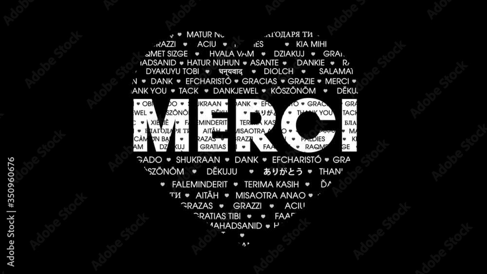 “Merci” Multi language tag words forming a heart icon silhouette ...