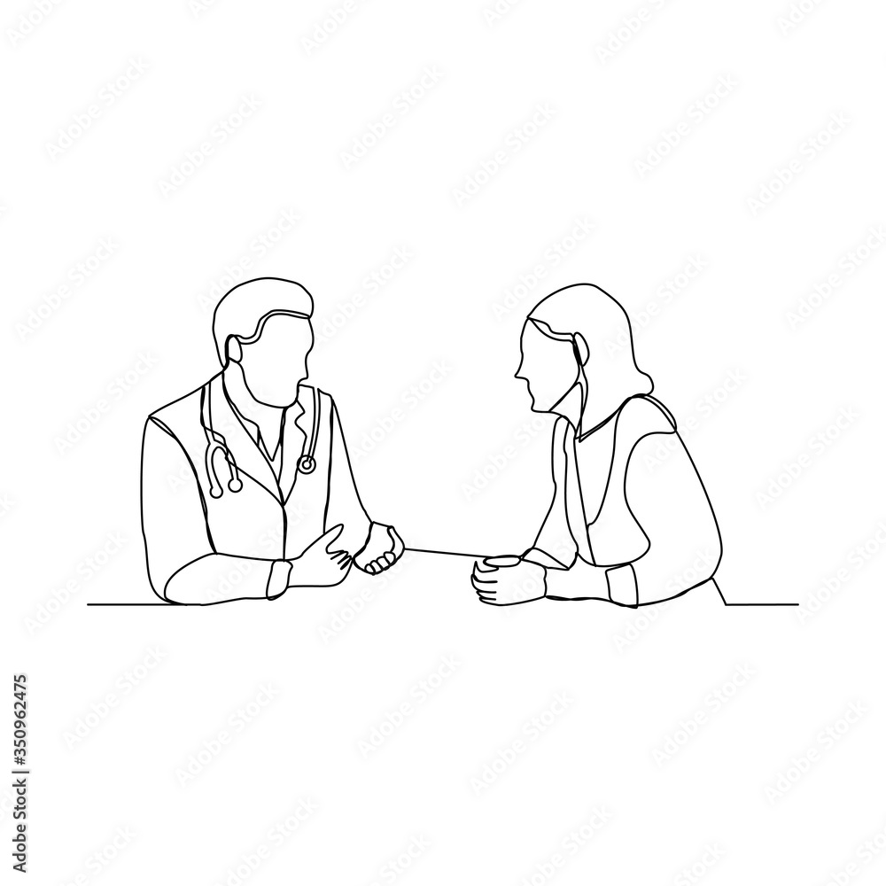 Continuous line drawing of doctor talk and consulting patient. vector ...