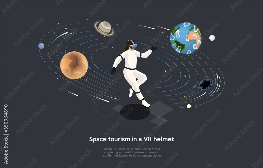 Isometric 3D Concept Of Space Tourism With VR Helmet Or Goggles ...