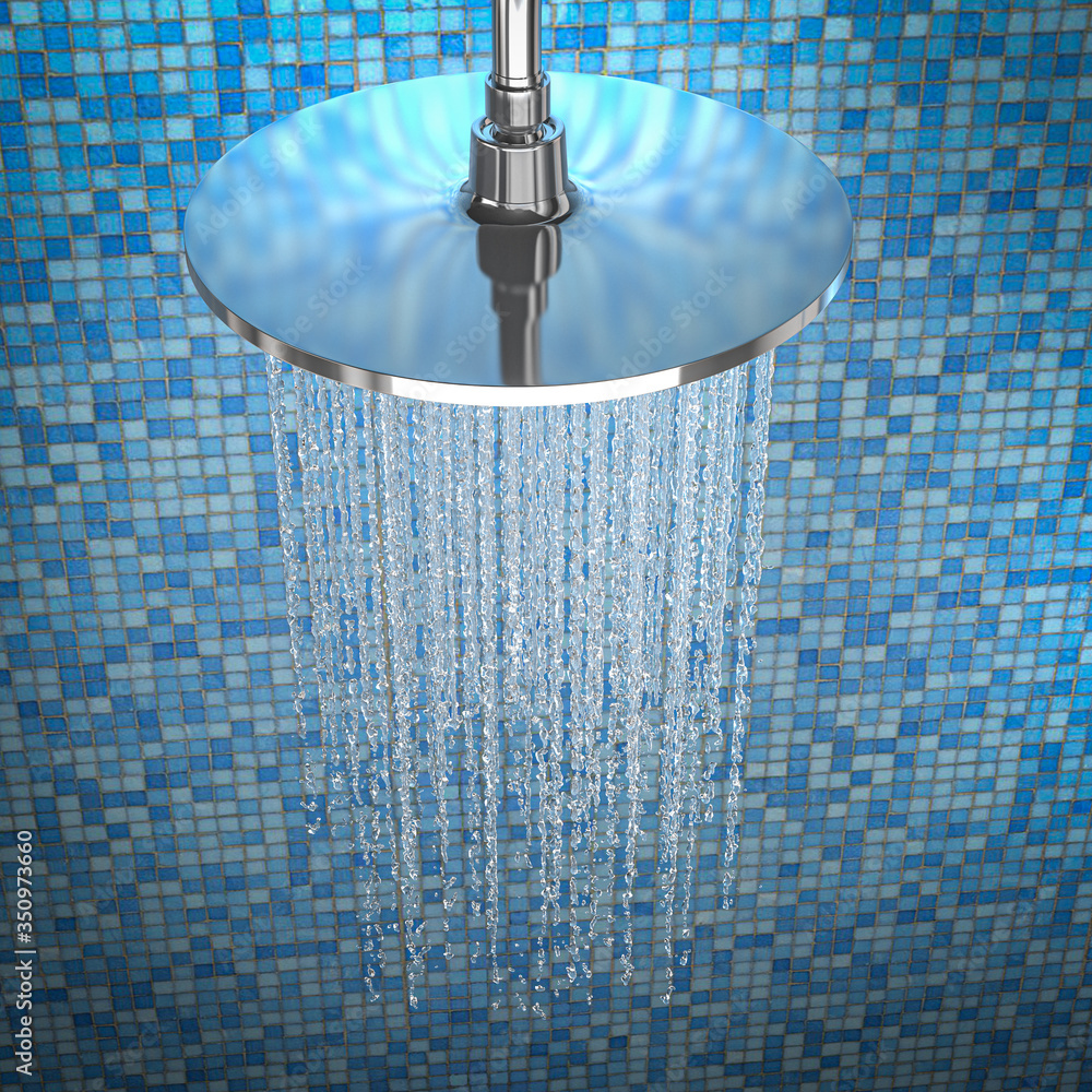 detail of water coming out of the shower of a shower with blue mosaic ...