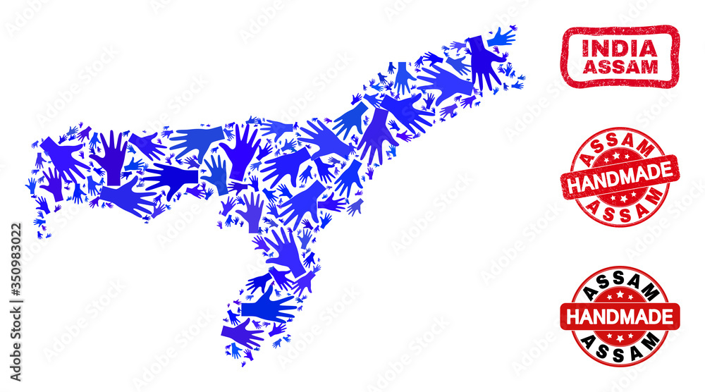Vector handmade combination of Assam State map and textured seals ...