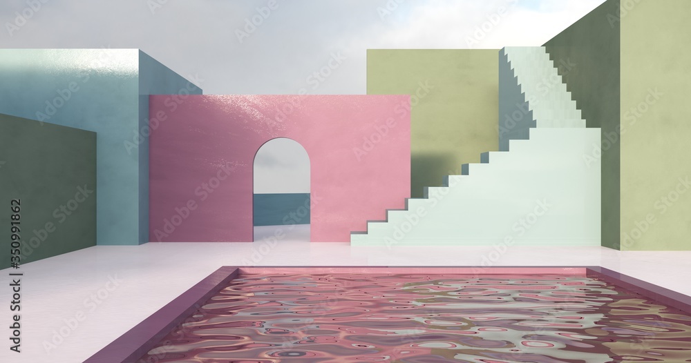 Architectural background of buildings with stairs and arches. Bright ...